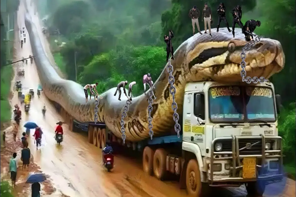 حیوانات غول پیکر؛ سر پیتون غول پیکر رو وصل کردن به تریلی راهو با سرعت ...